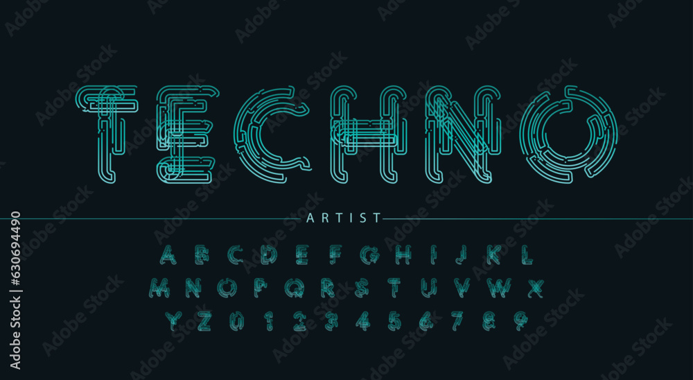 Vetor de Techno, Cyber Tech Font. Contour scheme style vector alphabet ...