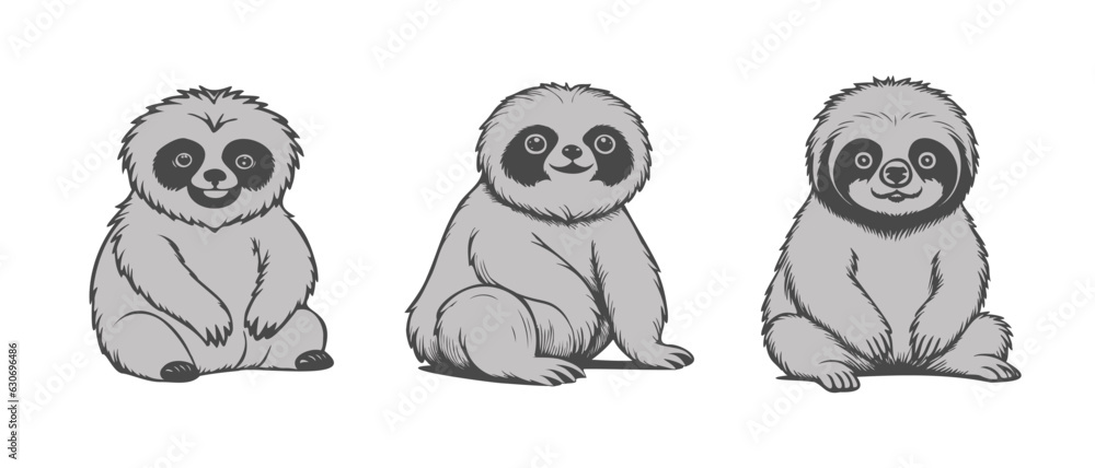 Vector set of cute funny cartoon gray sitting sloths. Smiling wild ...