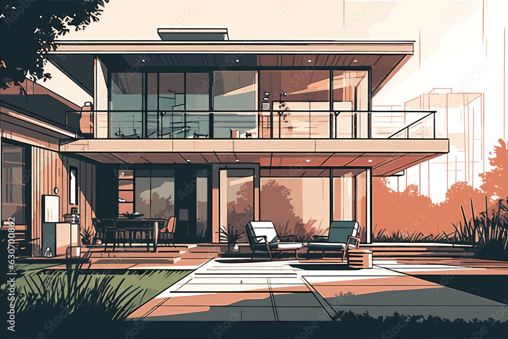 Vecteur Stock modern house with a balcony watercolor hand-painted ...