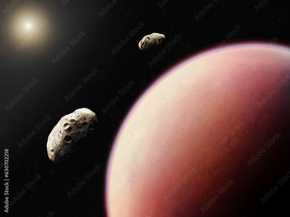 Phobos and Deimos over the surface of Mars. Asteroids satellites of the ...