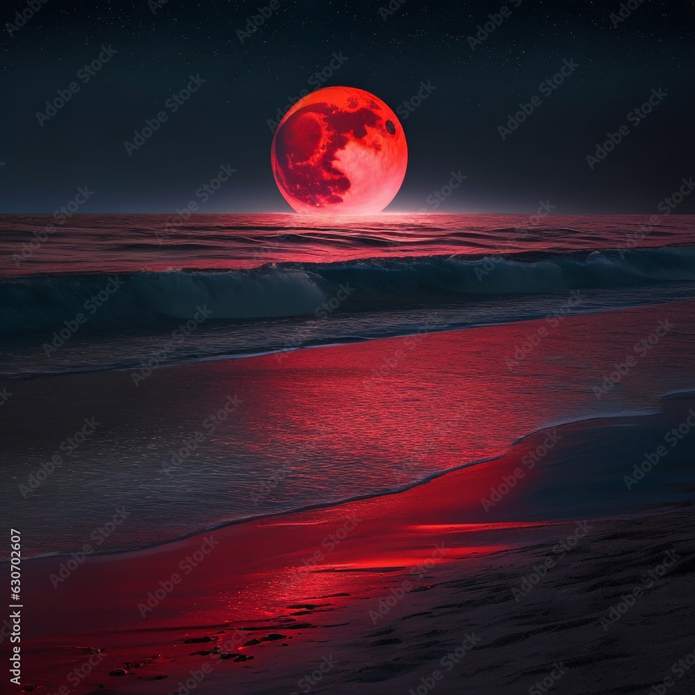 A mysterious beach at night, illuminated by a red moon, with the dark ...