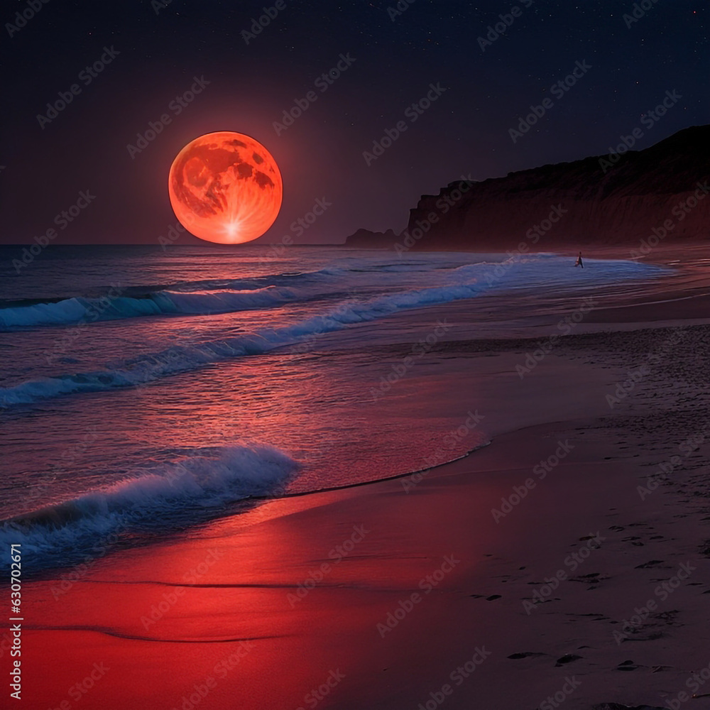 A mysterious beach at night, illuminated by a red moon, with the dark ...