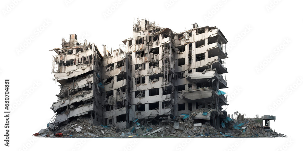 Destroyed concrete skyscraper building isolated on a transparent ...