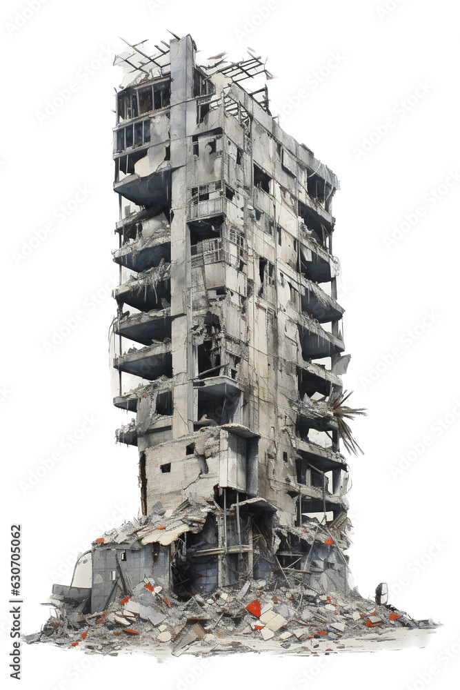 Destroyed concrete skyscraper building isolated on a transparent ...