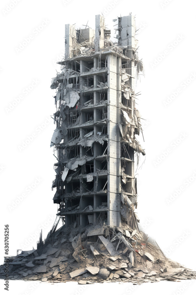Destroyed concrete skyscraper building isolated on a transparent ...