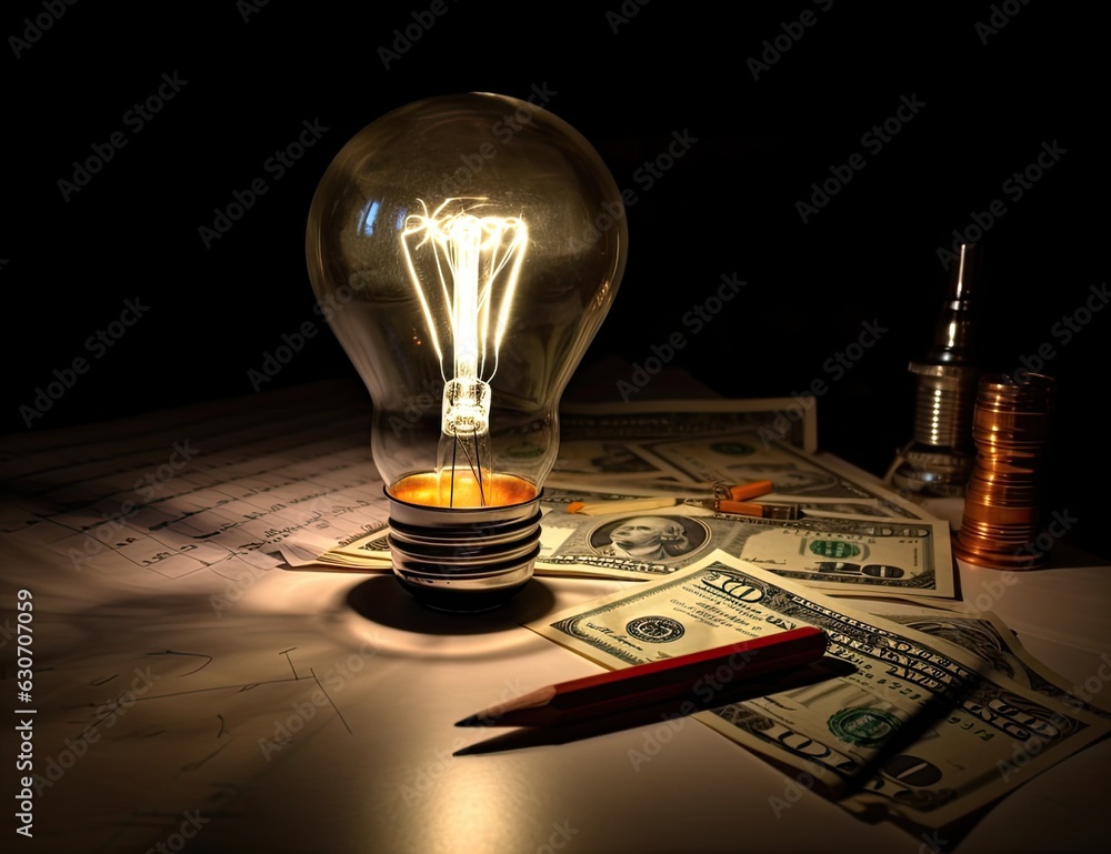 Electricity bill with light bulb, several coins and pen on the desk ...