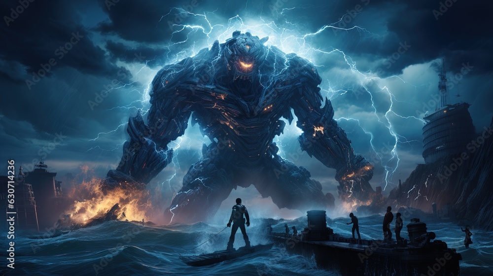 Sci-fi military giant war machine. Humanoid robot in apocalypse ...