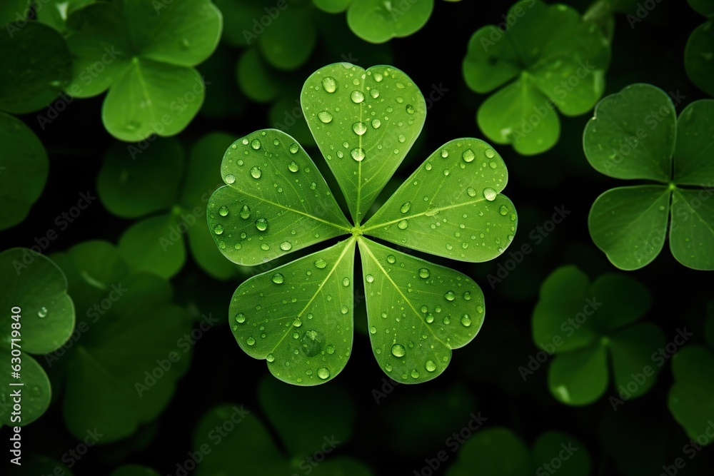 In close up, a five leaf clover a symbol of luck and happiness, its rarity and beauty captivate ...