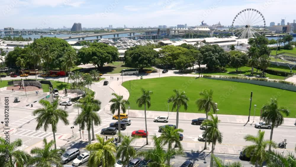 Drone view of the vibrant Bayfront Park in Miami Downtown with Port and ...