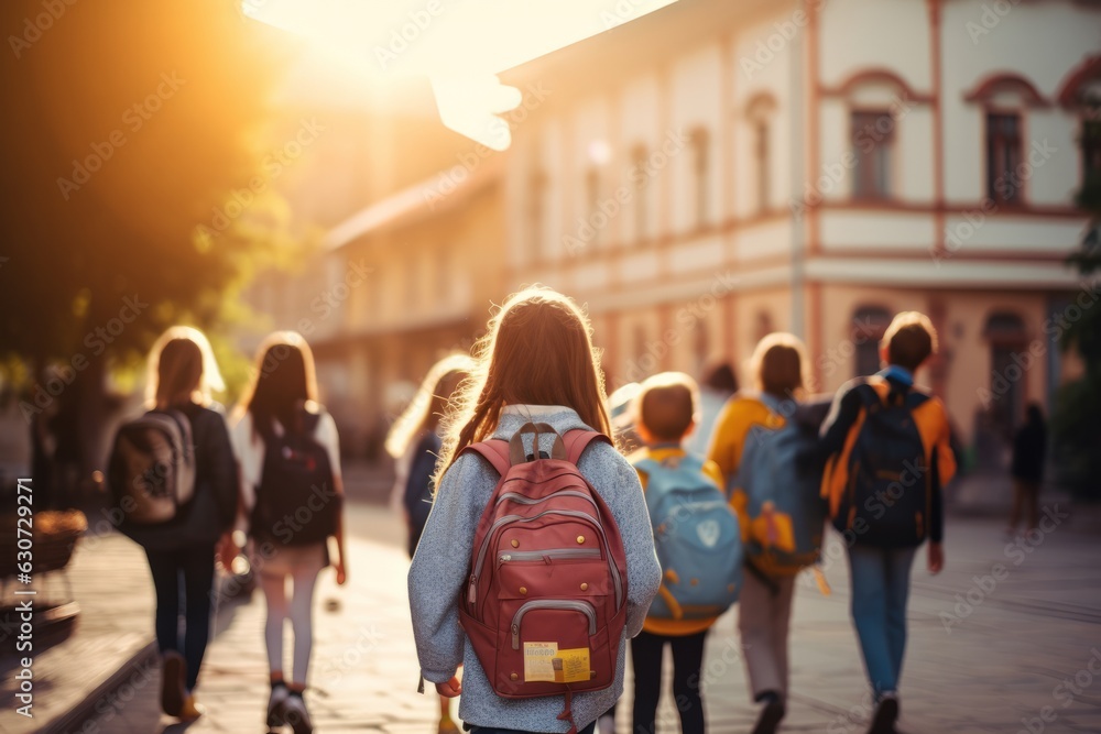 Back view of multiracial elementary schoolgirls and boys with backpacks ...