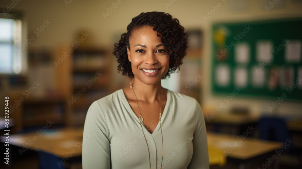 Middle-aged female teacher standing against school class background ...