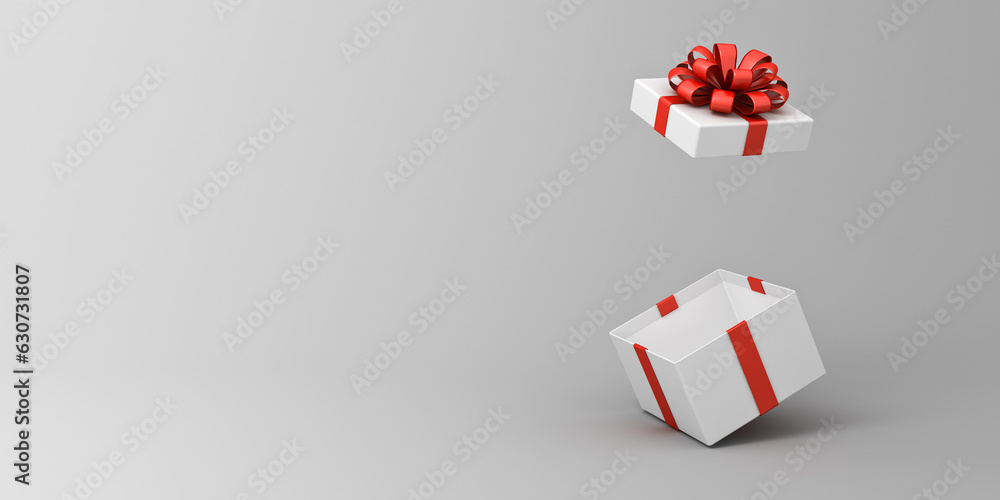 Blank white present box open or gift box with red ribbons and bow ...