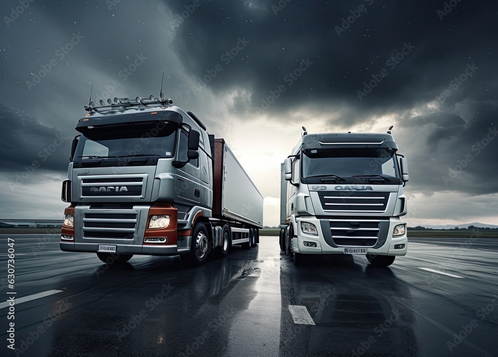 Semi Trailer Trucks the Parking lot at The Sunset Sky. Delivery Trucks ...