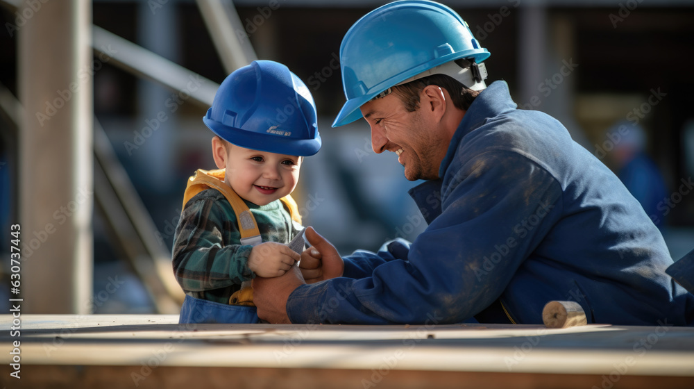Father and little son playing realistic construction workers in special ...