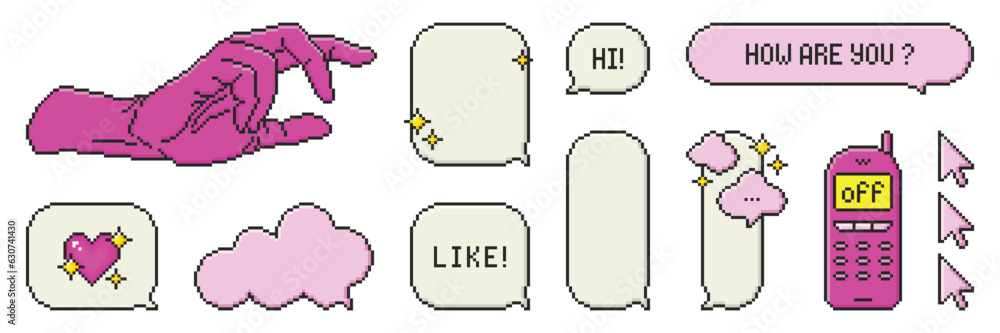 Set of pixel art dialogue box, hand, heart, star, cloud. Speech bubbles ...