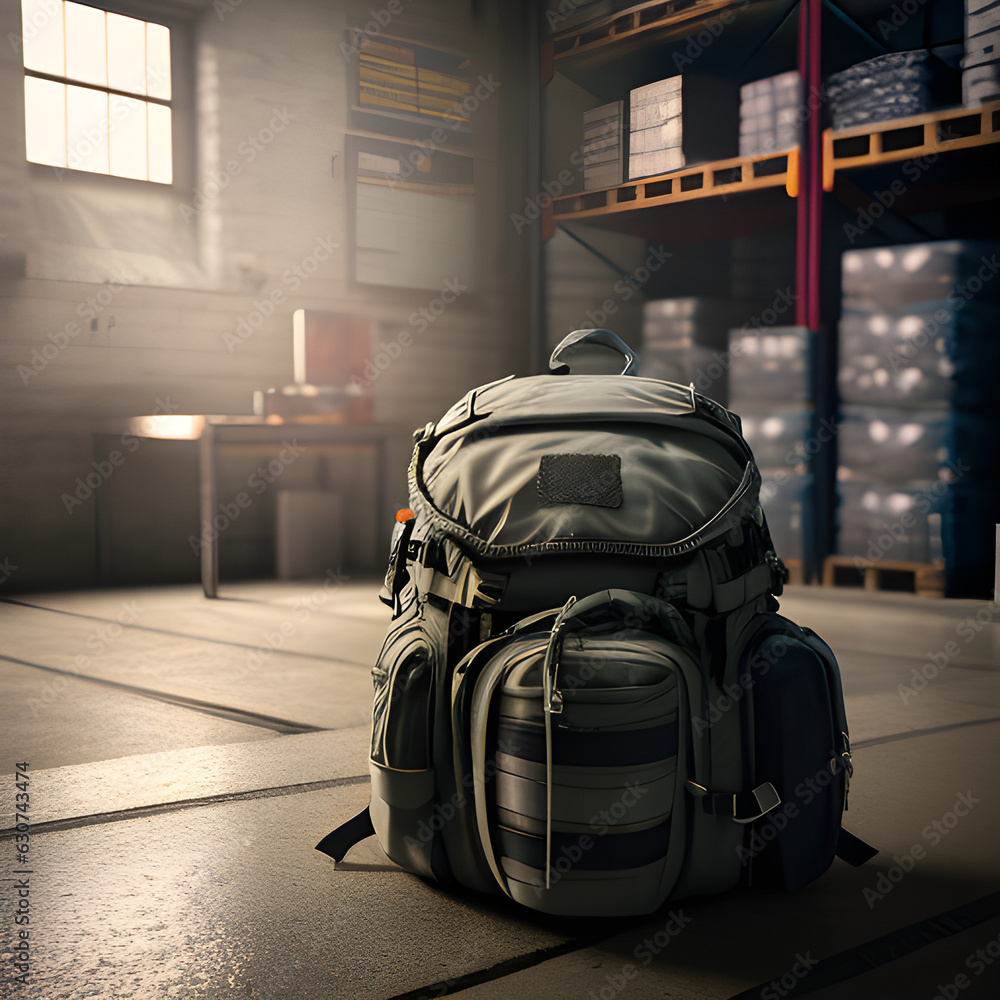 very detailed heavy backpack like a military backpack in the warehouse ...