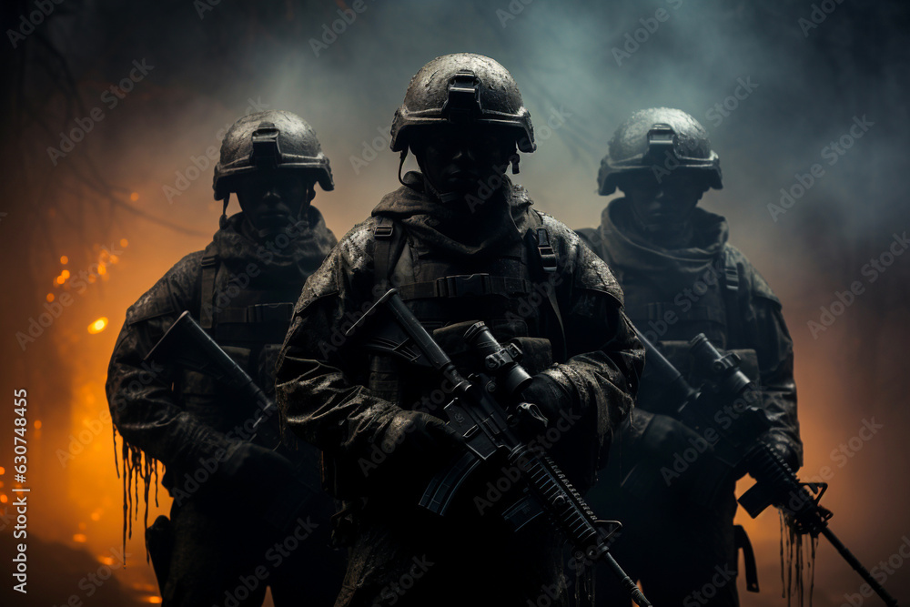 Silhouettes of three army soldiers male men in the fog, surrounded fire ...