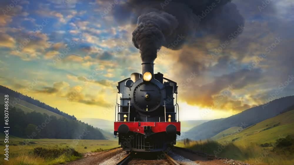 stem locomotive train in the railway with sunset background, anime ...