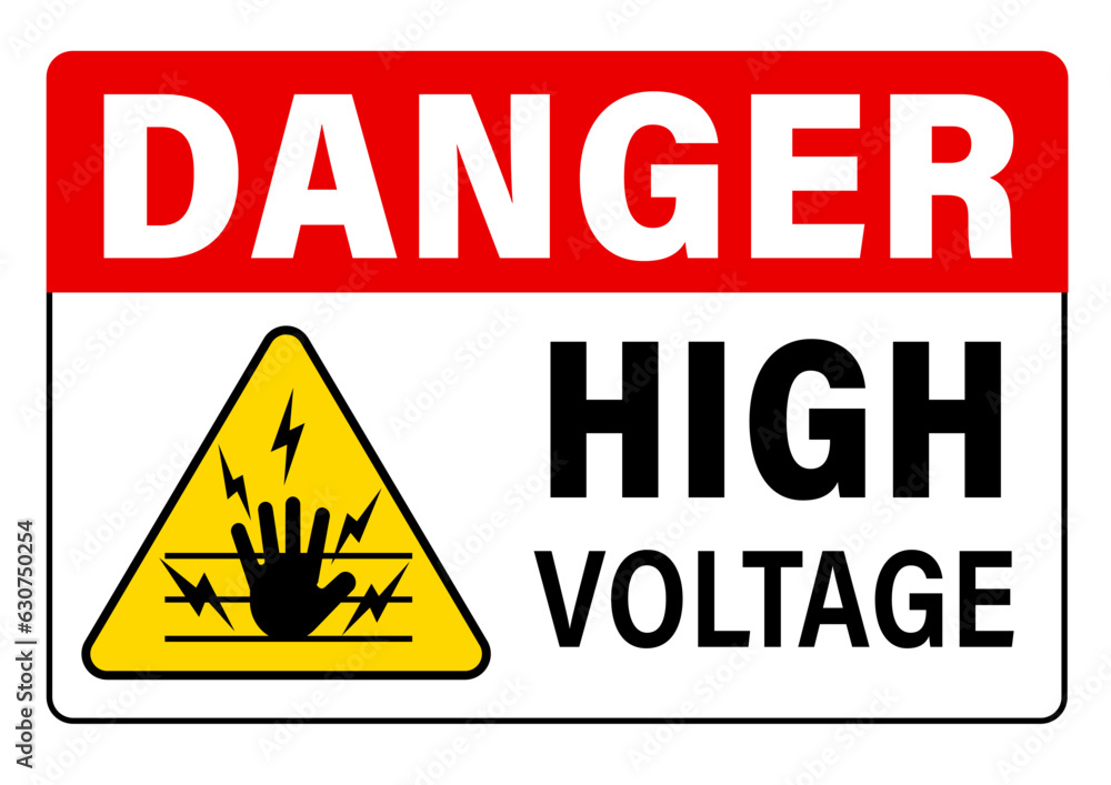 Danger, high voltage. Warning sign with text and a silhouette of a hand ...