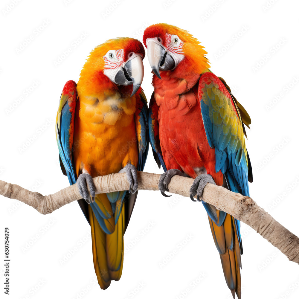 Poster two cute colorful macaws isolated on transparent background ...