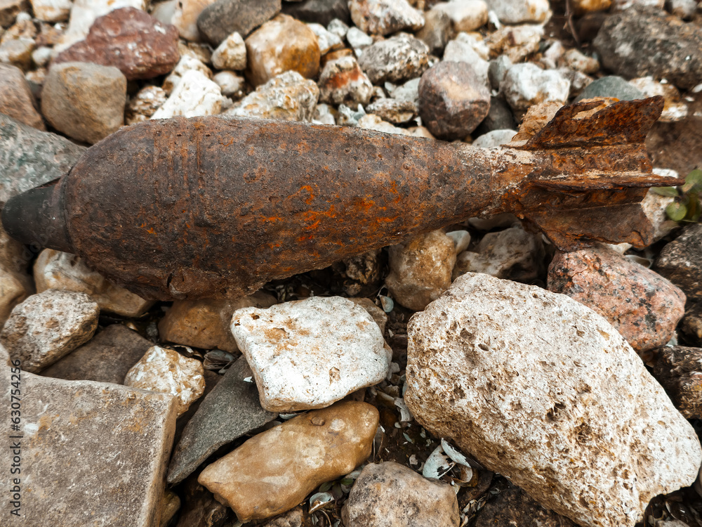German trench-mortar bomb (water-drop shaped mortar projectile) during ...