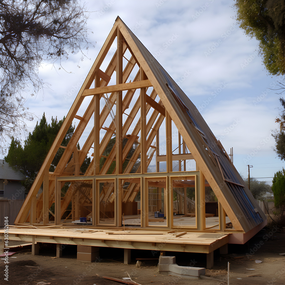 A Frame house wood frame construction, showing the first stages of the ...
