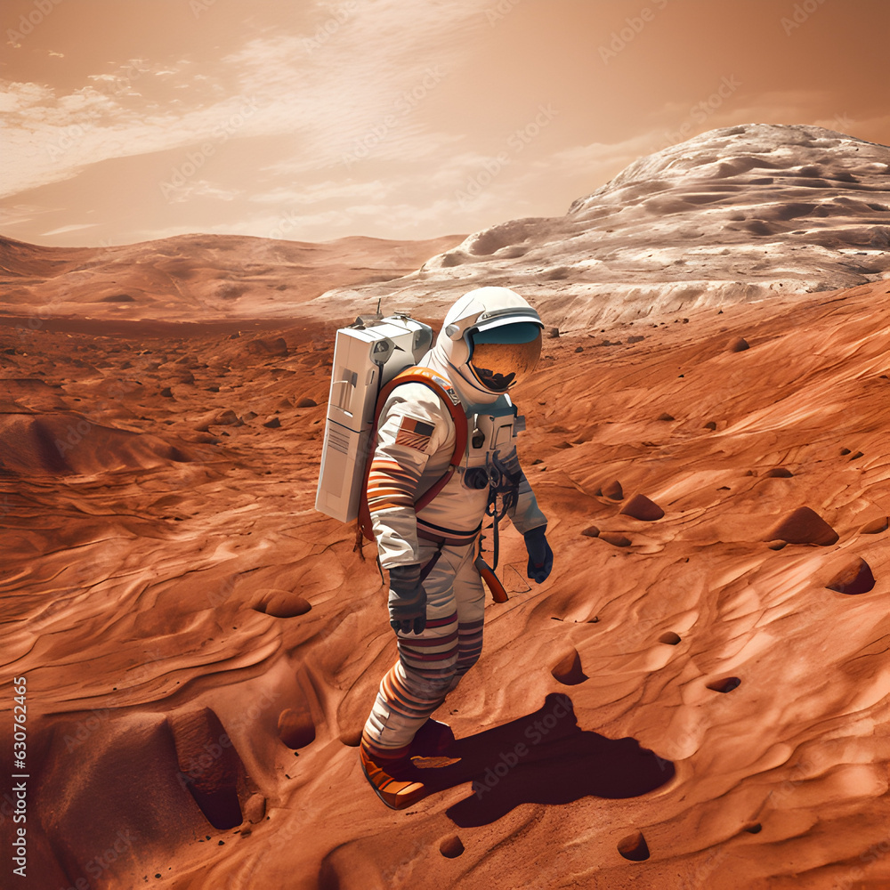 Astronaut on Mars walking the red planet observing and documenting. Represents space travel and ...