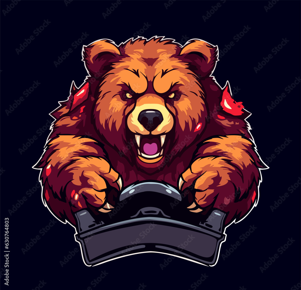 Gamer logo angry bear holding a mouse and keyboard. Color vector ...