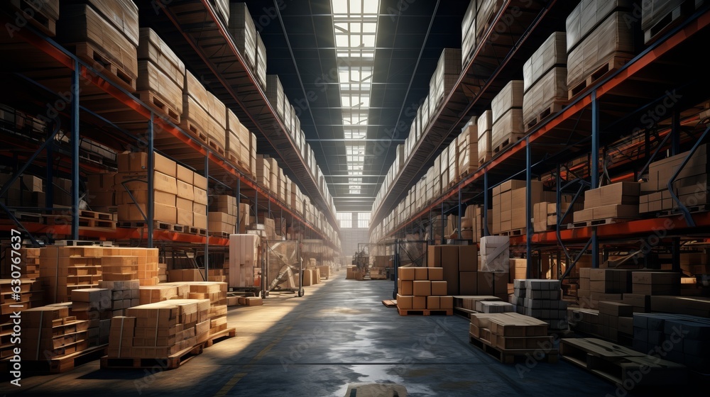 Warehouse view along the rows of shelves with packs. Industrial ...