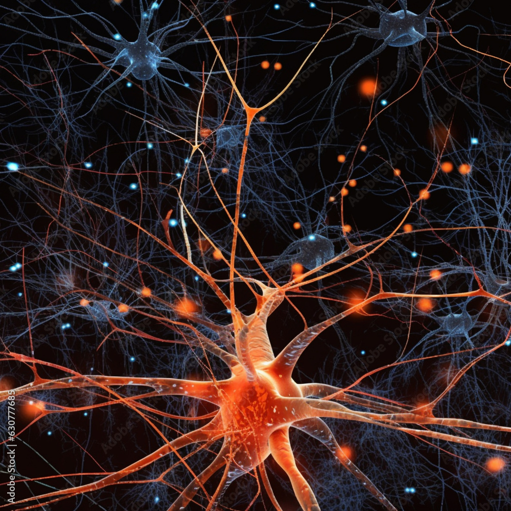 Conceptual illustration of neuron cells with glowing link knots in ...