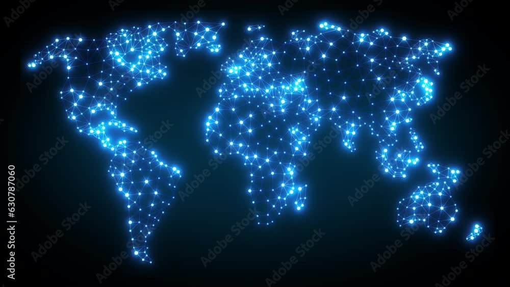 Beautiful Digital Network Light Flashes Blue Color Over World Map ...