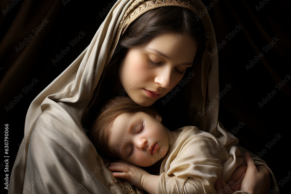 A serene and gentle depiction of Mary cradling the infant Jesus in her ...