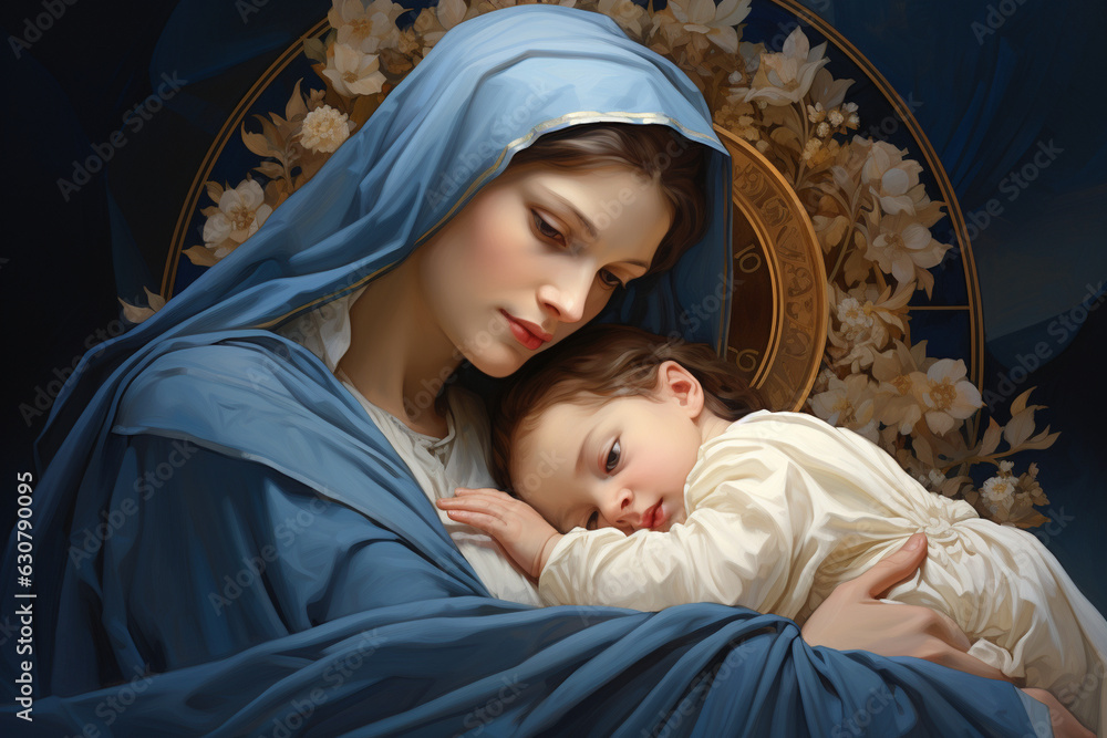 A serene and gentle depiction of Mary cradling the infant Jesus in her ...