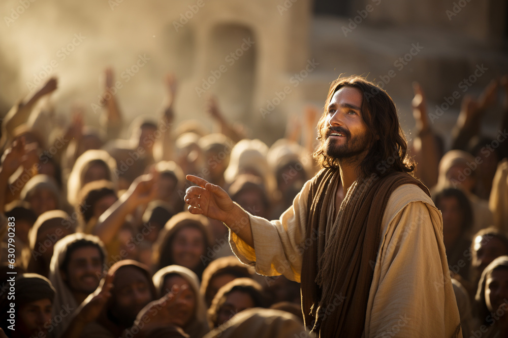 A powerful image of Jesus Christ preaching to a diverse crowd, his arms ...