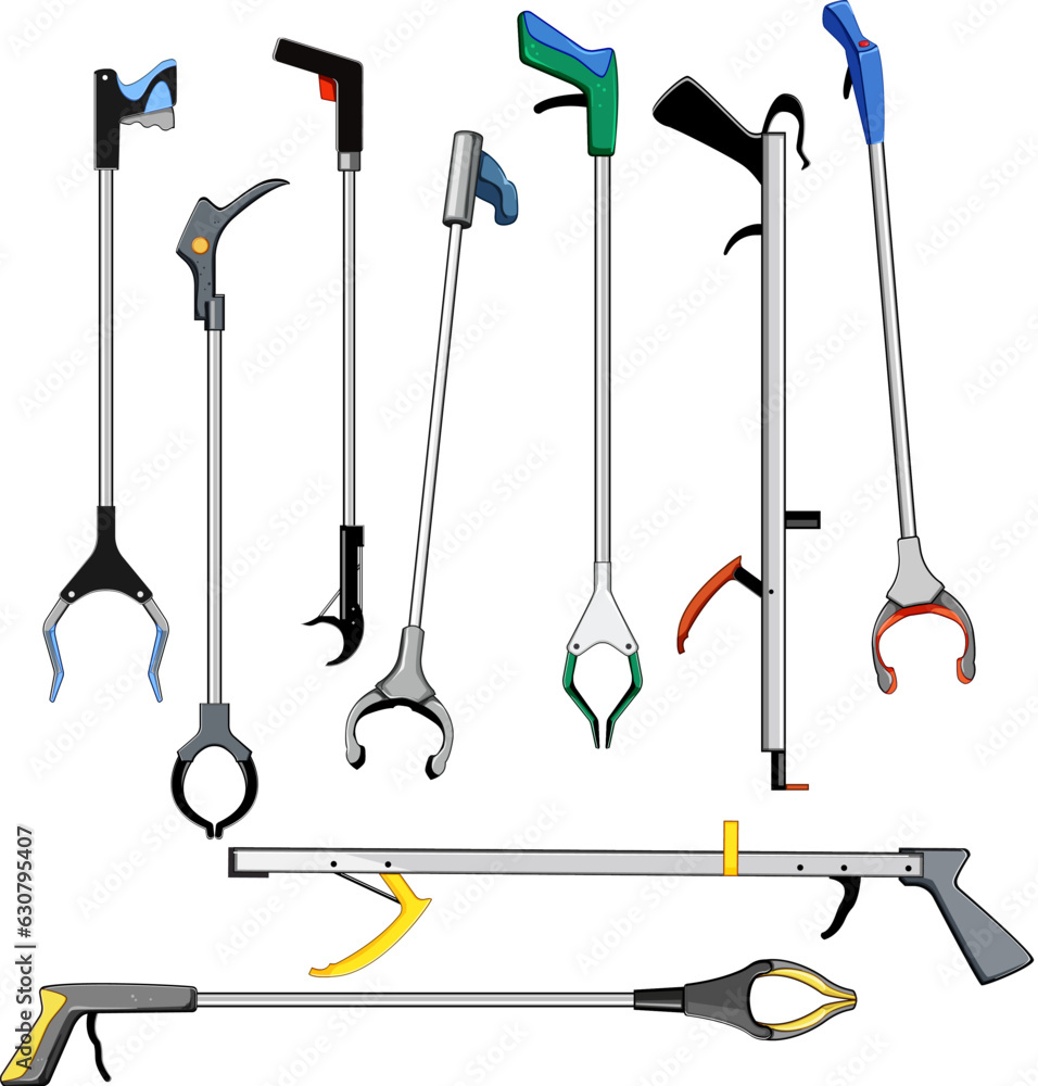 grabber tool set cartoon. trash hand, stick device, equipment grab ...
