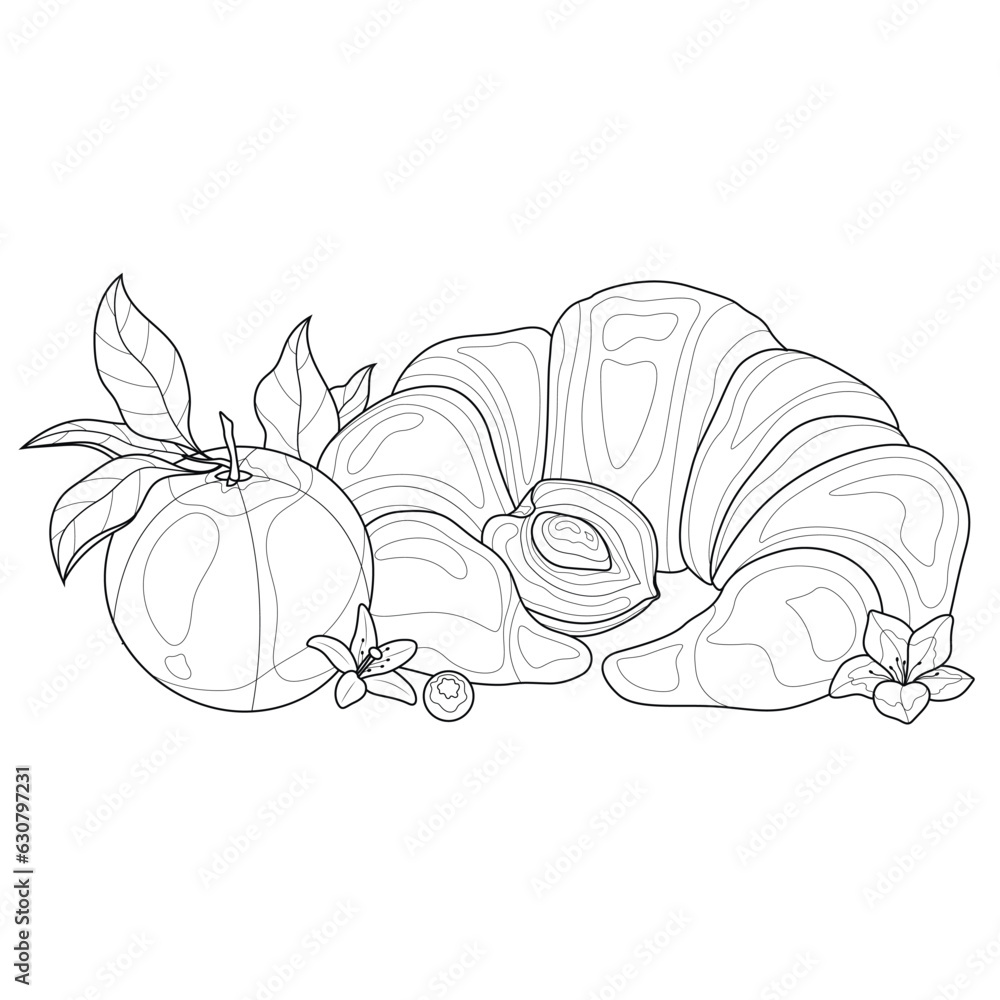 Croissant with orange and half a peach.Coloring page antistress for ...