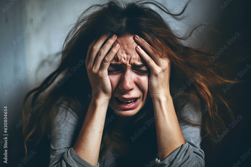 Close-up of a woman's face, caught in an authentic scream, conveying ...