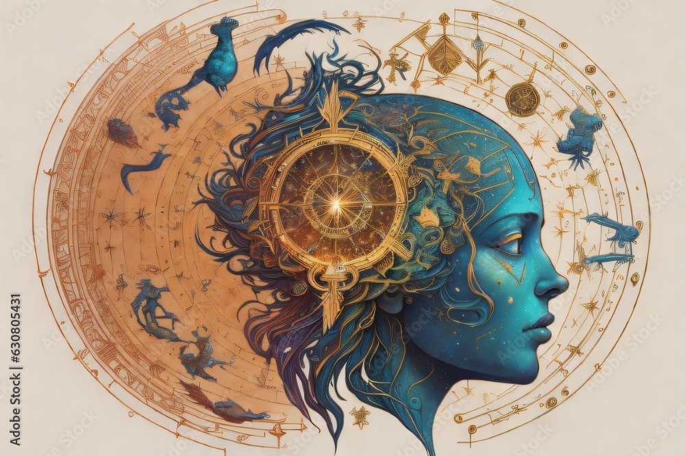 blend of Zodiac symbols, human head, and abstract elements, resonating ...