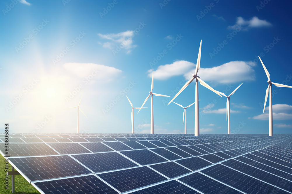 Renewable energy background with green energy as wind turbines and ...