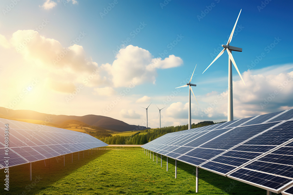 Renewable energy background with green energy as wind turbines and solar panels Stock Photo ...
