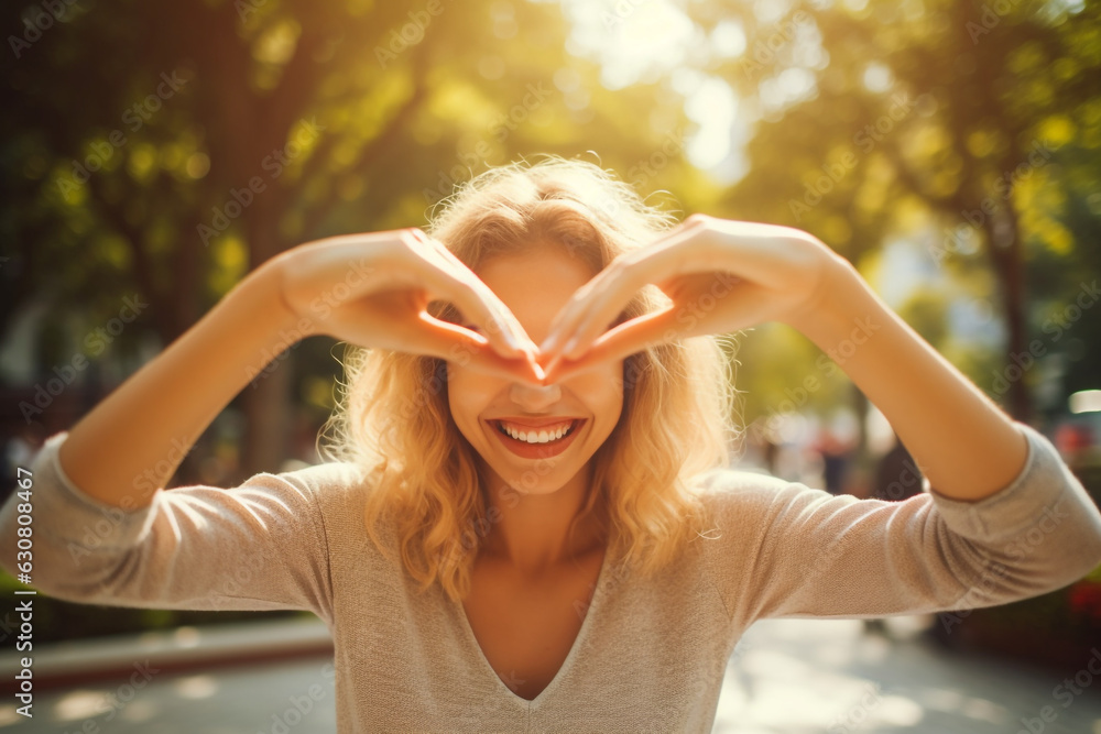 Smiling beautiful woman making a heart shape with hands closeup made ...