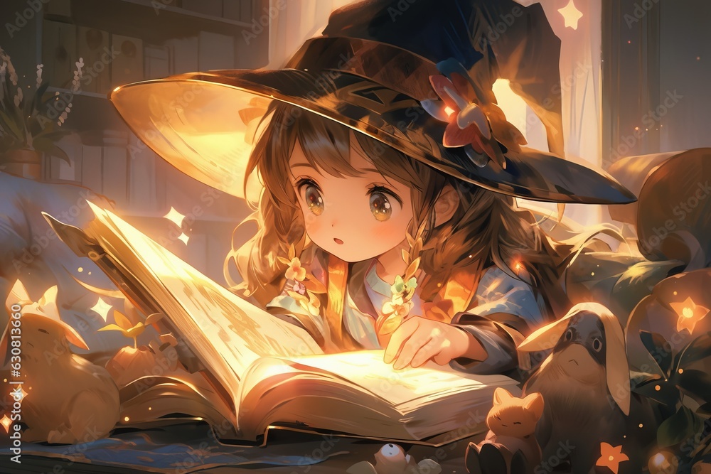 Beautiful little girl reading magic book Stock Illustration | Adobe Stock