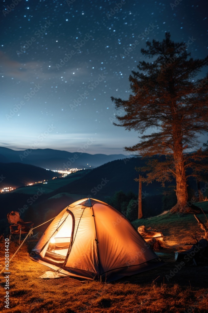 Camping in the wilderness. A pitched tent under the glowing night sky ...