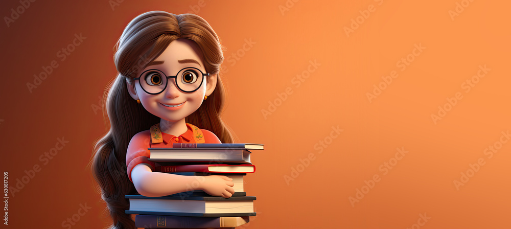 Cute Cartoon Girl Holding Books and Going Back to School on a Orange ...