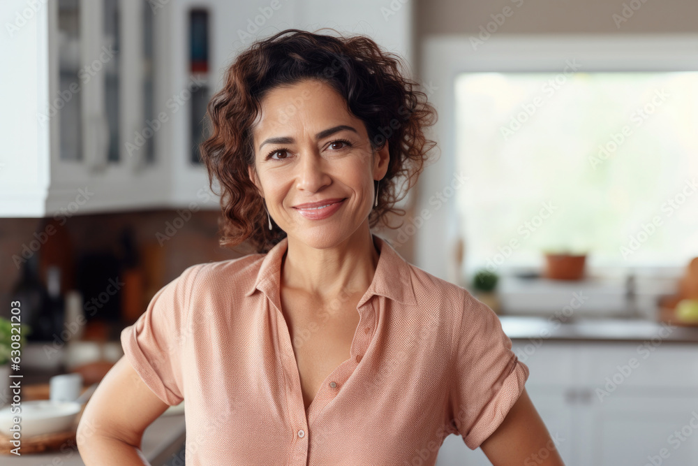 Proud Hispanic woman posing in her kitchen clean-smiling mom standing ...