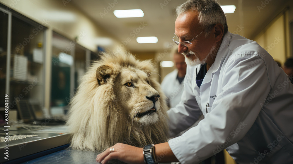 photograph of Smiling veterinarian using a stethoscope to check the ...