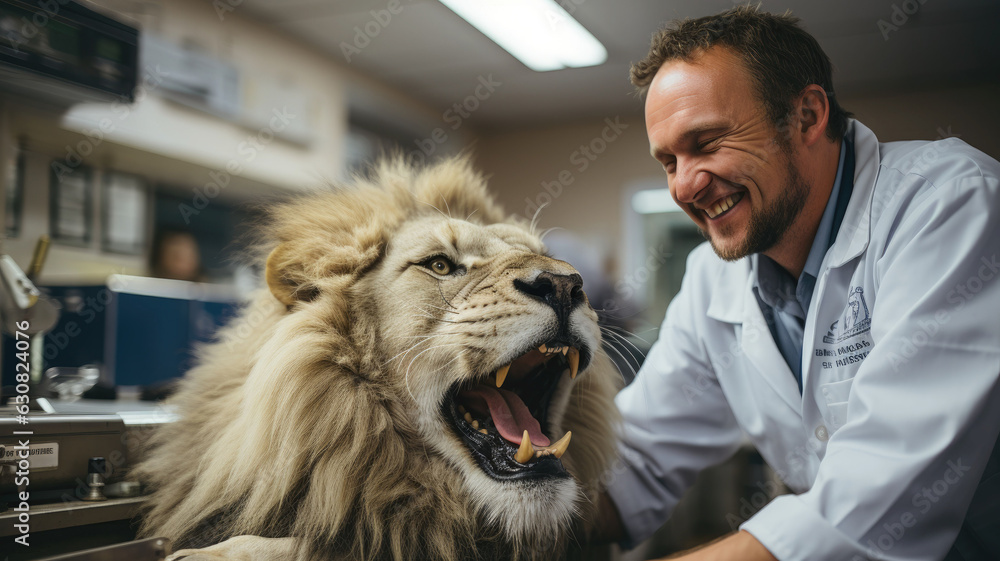 photograph of Smiling veterinarian using a stethoscope to check the ...