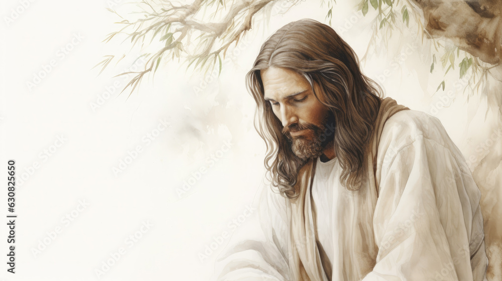 Watercolour pencil illustration of close up Jesus portrait sitting ...