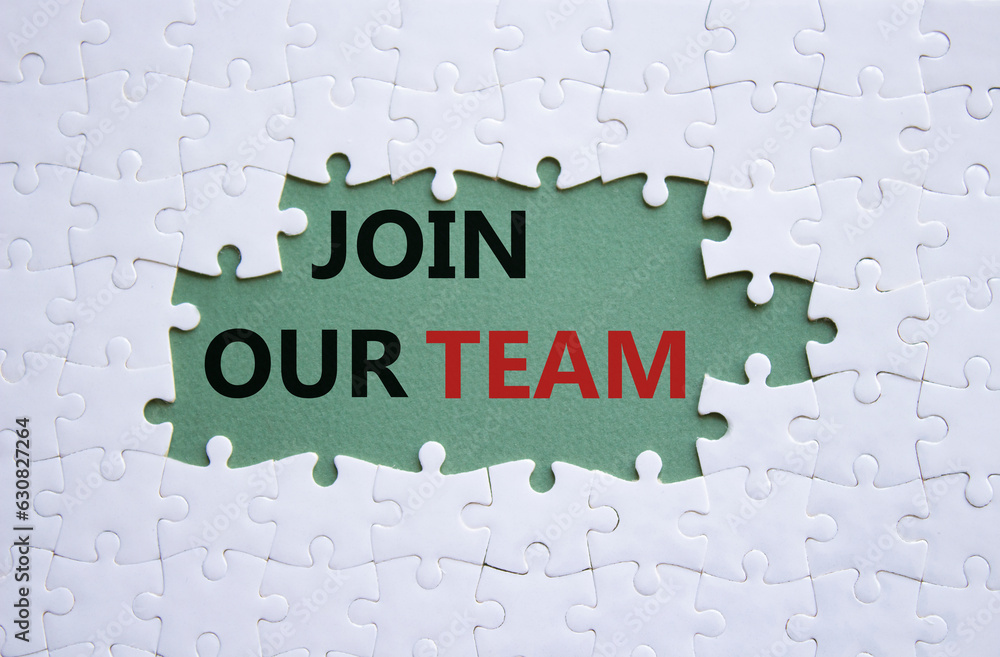 Join our team symbol. White puzzle with words Join our team. Beautiful ...