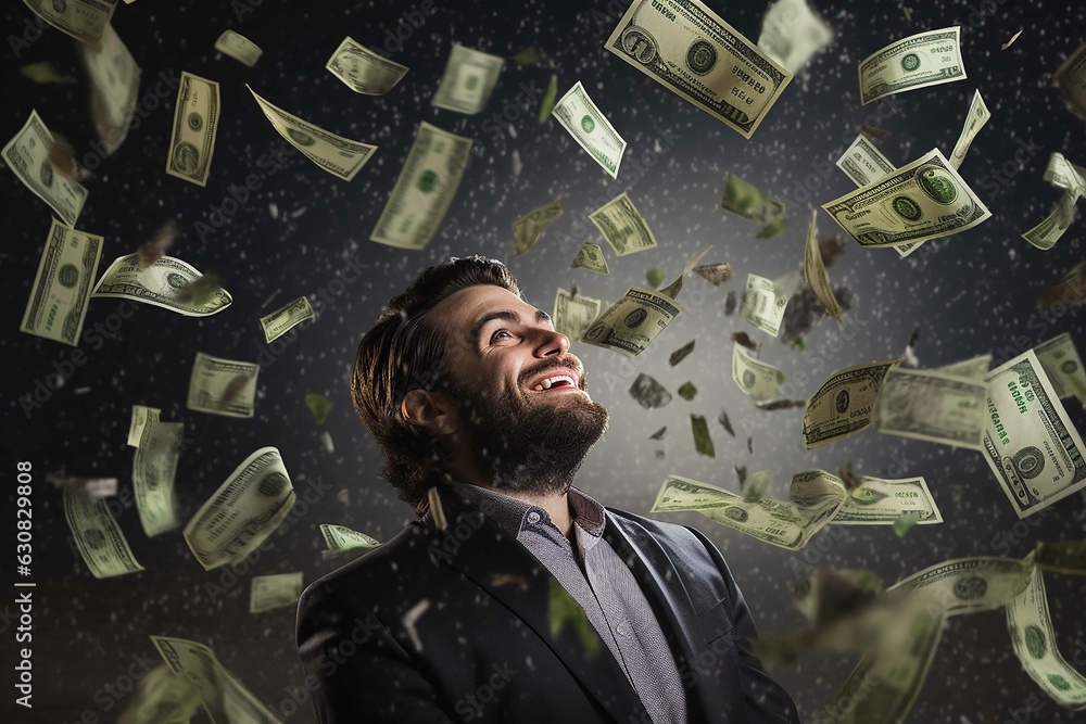 Happy successful man standing under money rain. A lot of dollar ...
